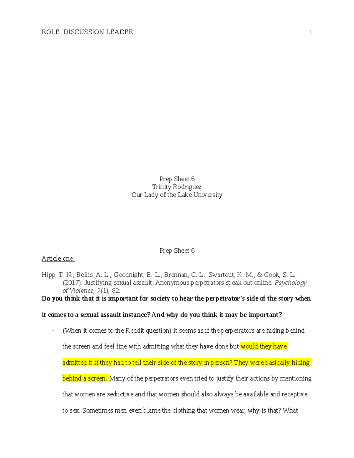 Prep Sheet #6- DL - descriptive lecture notes - Prep Sheet 6 Trinity ...