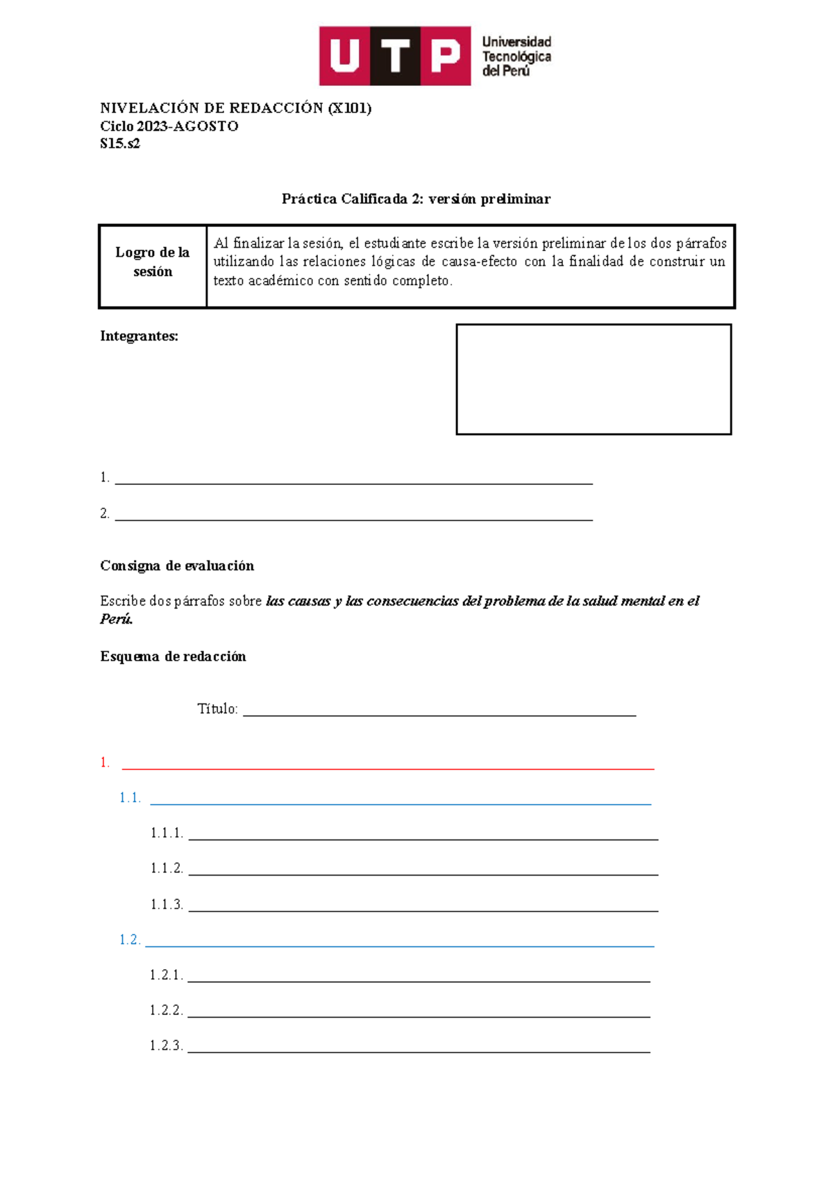 S15.s2. Práctica Calificada 2. Versión preliminar - NIVELACIÓN DE REDACCIÓN (X101) Ciclo 2023 ...