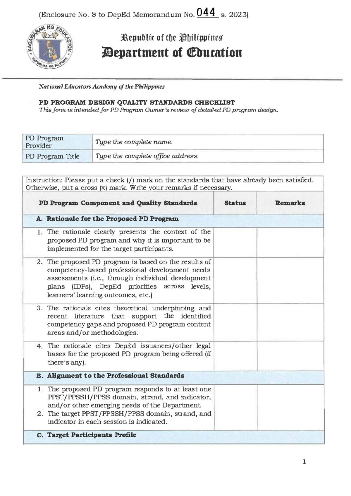 NEAP DP removed - validation of training matrix - (Enclosure No. 8 to ...