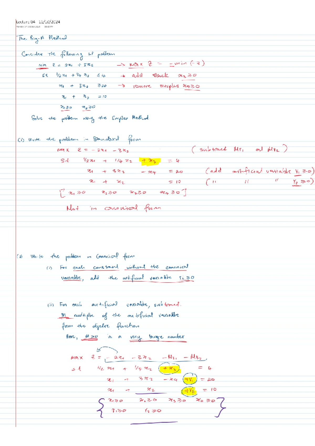 Big M - helpful notes - Lecture Monday, 07 October 2024 10:00 PM The ...