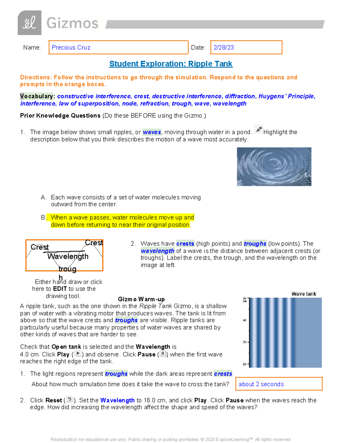 Ripple Tank SE 18 - Name: Precious Cruz Date: 2/28/ Student Exploration ...