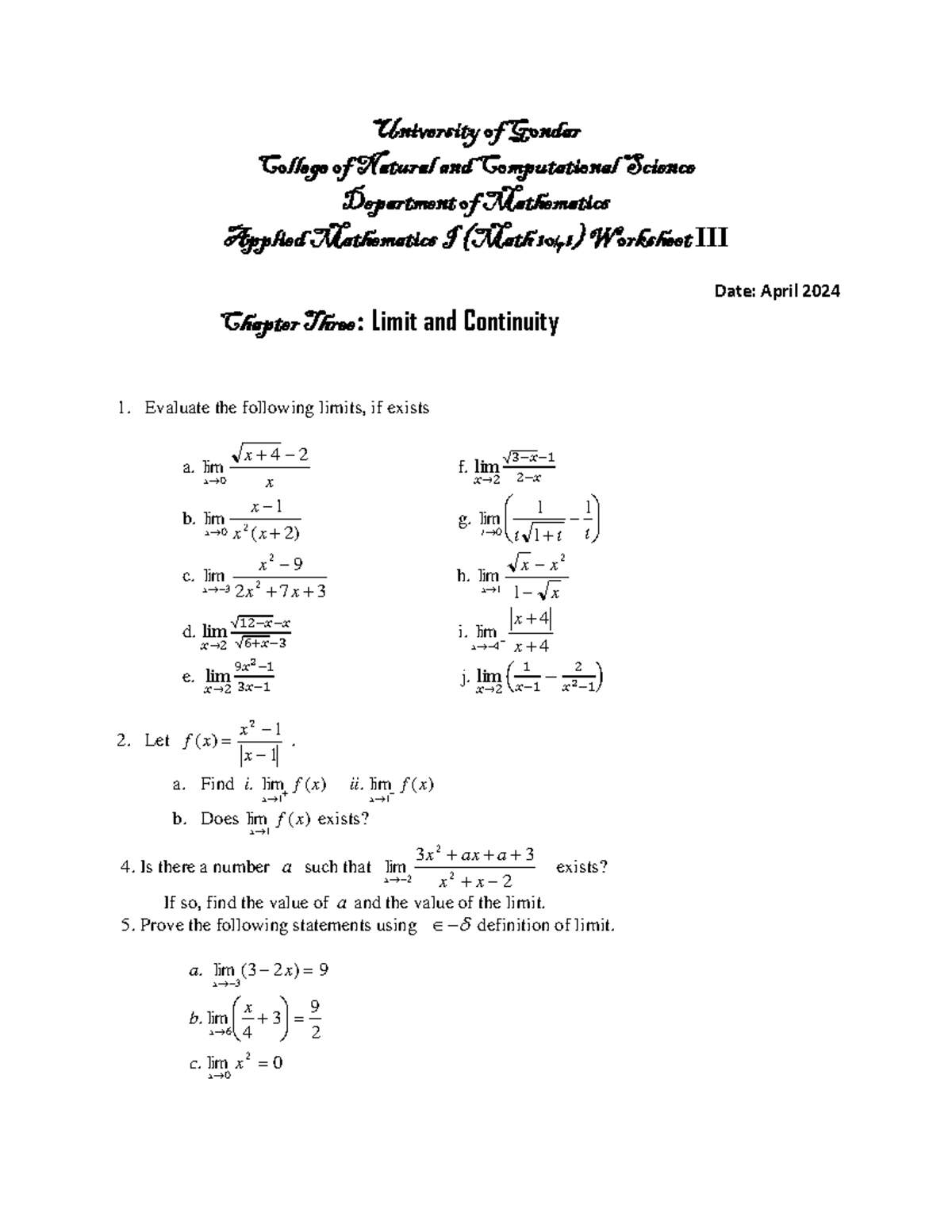 Worksheet 3 - University of Gondar College of Natural and Computational ...