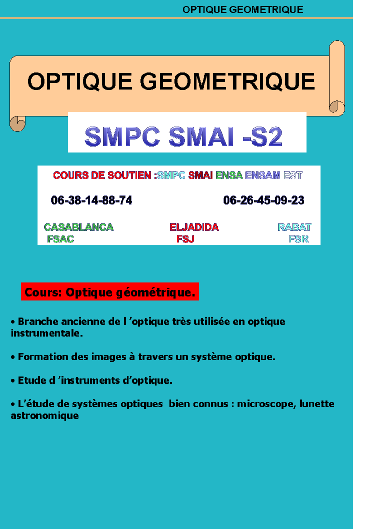 Cours Optique Géométrique SMPC S2 U - OPTIQUE GEOMETRIQUE OPTIQUE ...