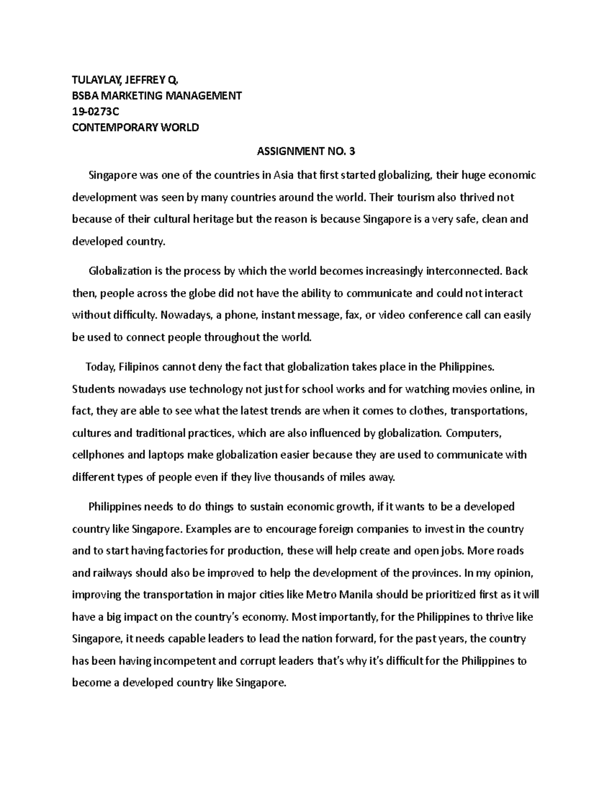 Globalization Assignment 2 - TULAYLAY, JEFFREY Q. BSBA MARKETING ...