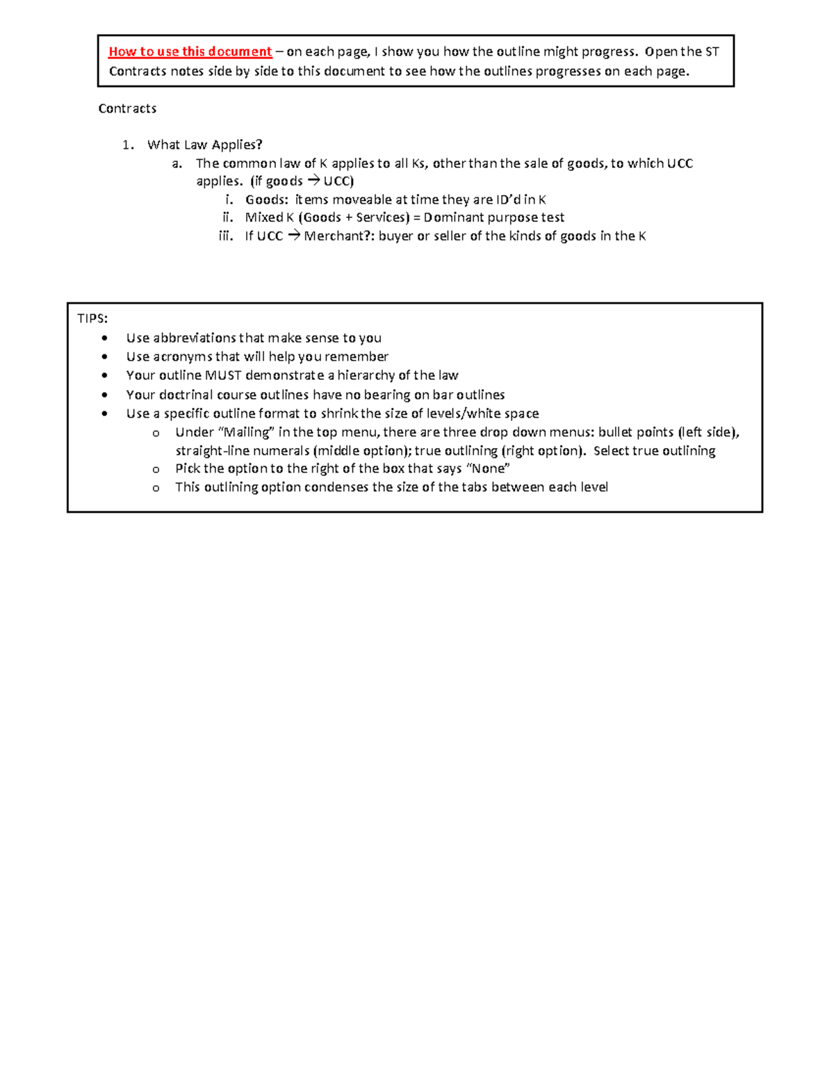 Sample K outline from ST notes - Contracts notes side by side to this ...