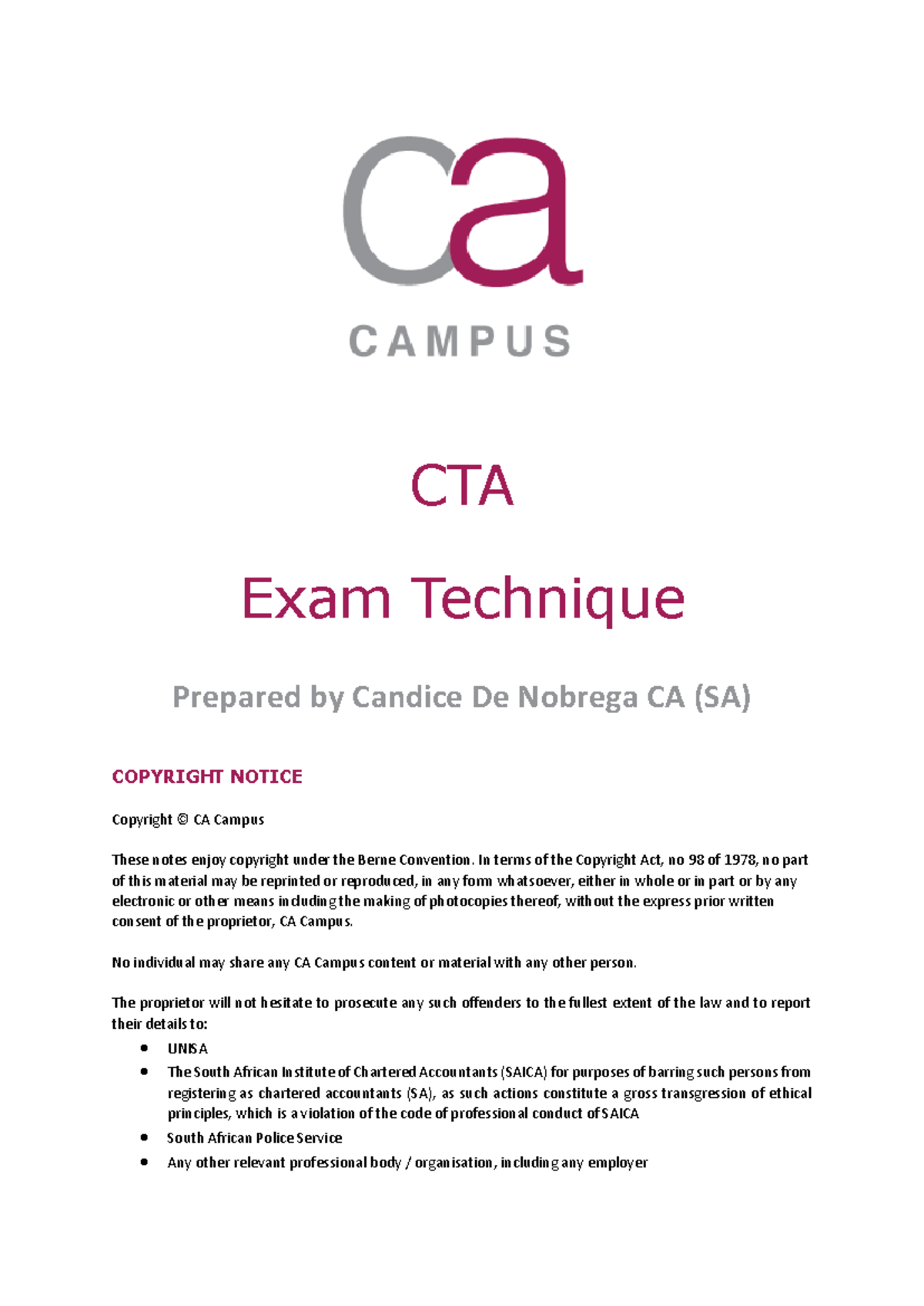 Exam technique-1 - CTA Exam Technique Prepared by Candice De Nobrega CA ...