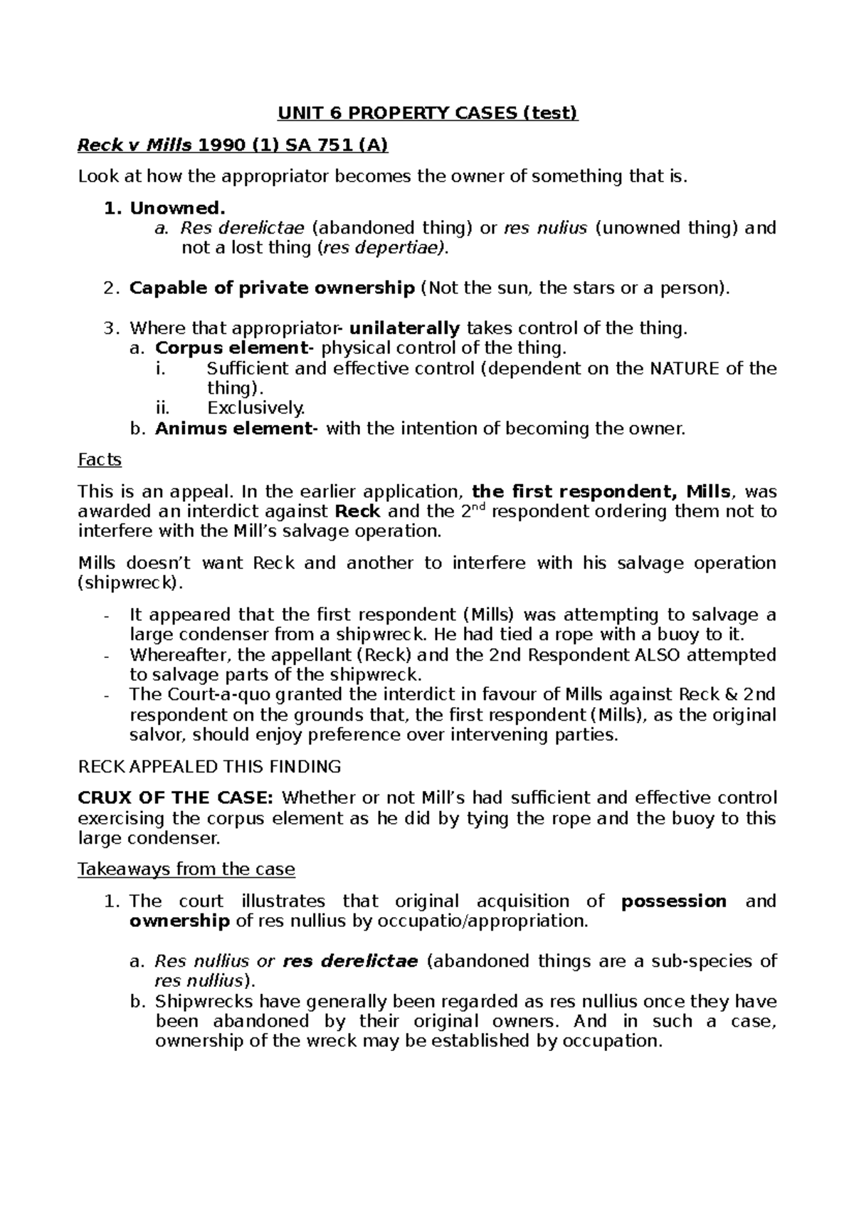 Unit 6 property cases - summary - UNIT 6 PROPERTY CASES (test) Reck v ...
