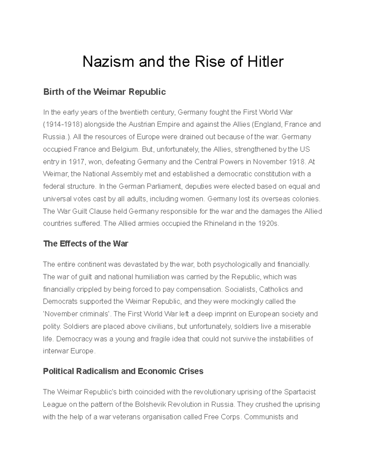 Nazism and the Rise of Hitler Notes - Nazism and the Rise of Hitler ...