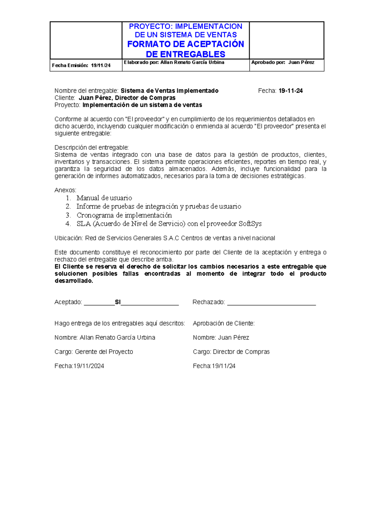 Semana 10 formato de aceptación de entregables - Nombre del entregable: Sistema de Ventas - Studocu