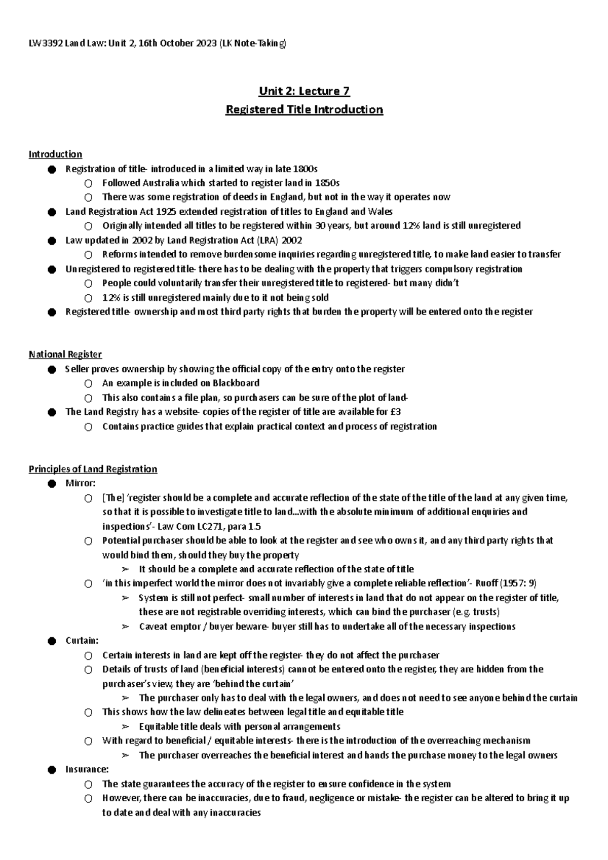 Land Law Unit 2 Lecture 7 - LW3392 Land Law: Unit 2, 16th October 2023 (LK Note-Taking) Unit 2 ...