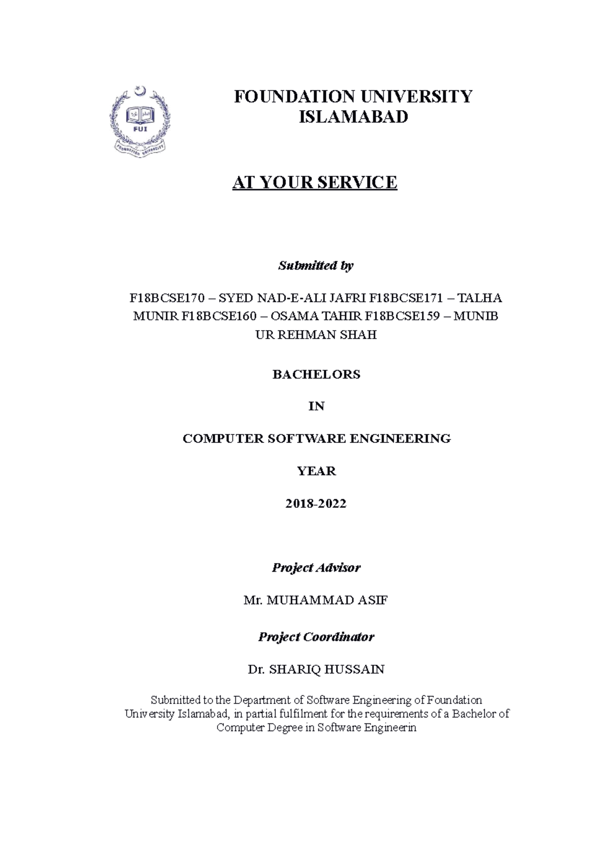 Final Report 8th Semester - FOUNDATION UNIVERSITY ISLAMABAD AT YOUR ...