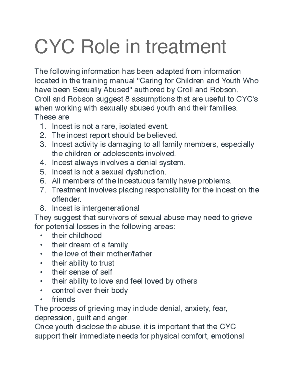 CYC Role in Sexual Abuse Treatment - CYC Role in treatment The ...