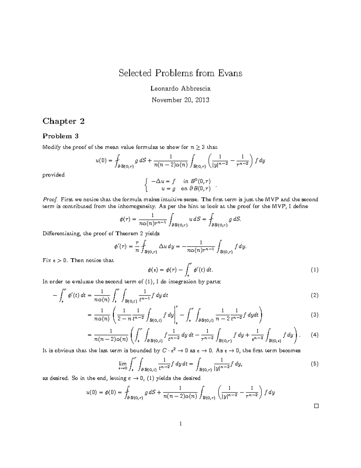Problems from Evans - Selected Problems from Evans Leonardo Abbrescia November 20, 2013 Chapter ...