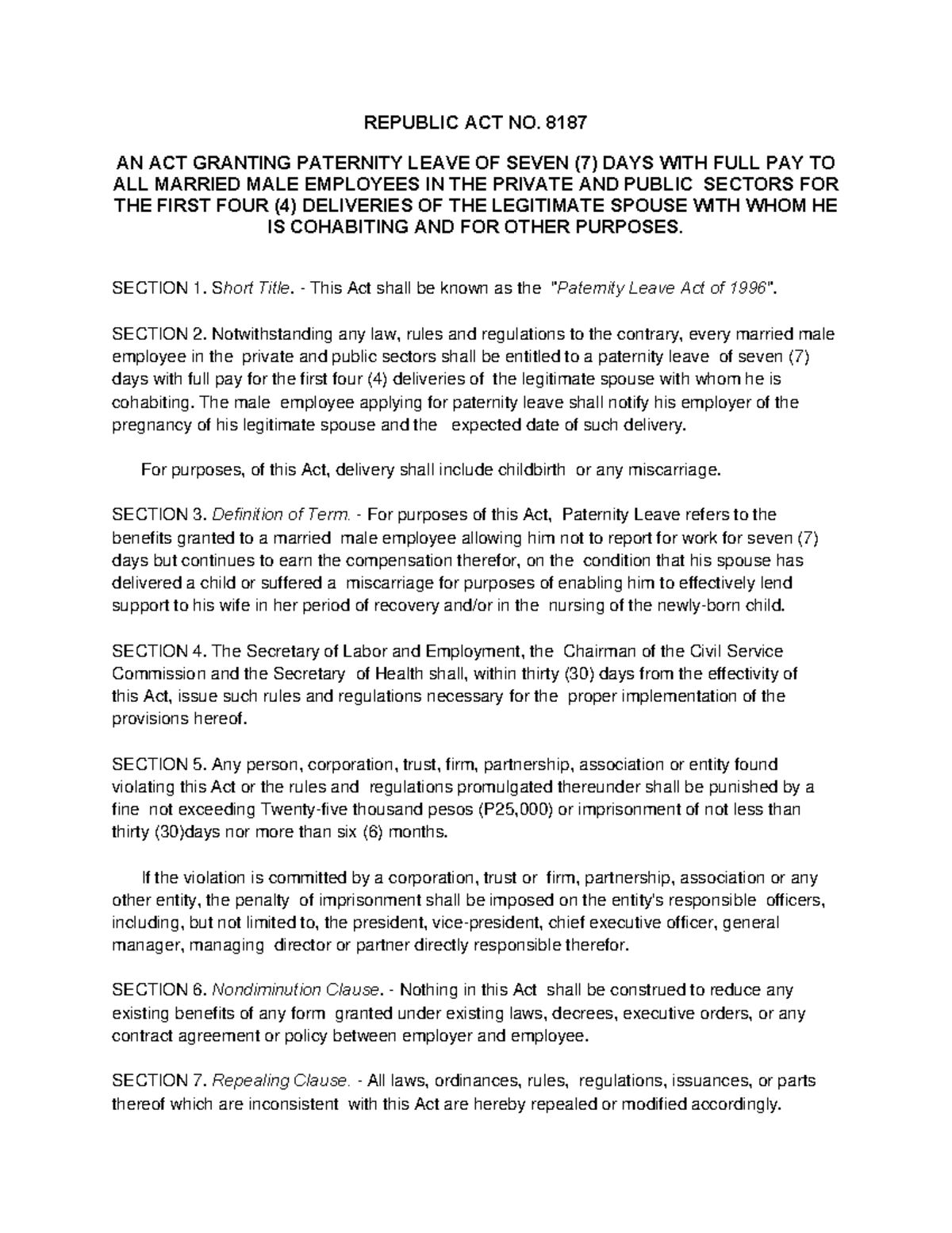 Ra 8187 - Law - REPUBLIC ACT NO. 8187 AN ACT GRANTING PATERNITY LEAVE ...
