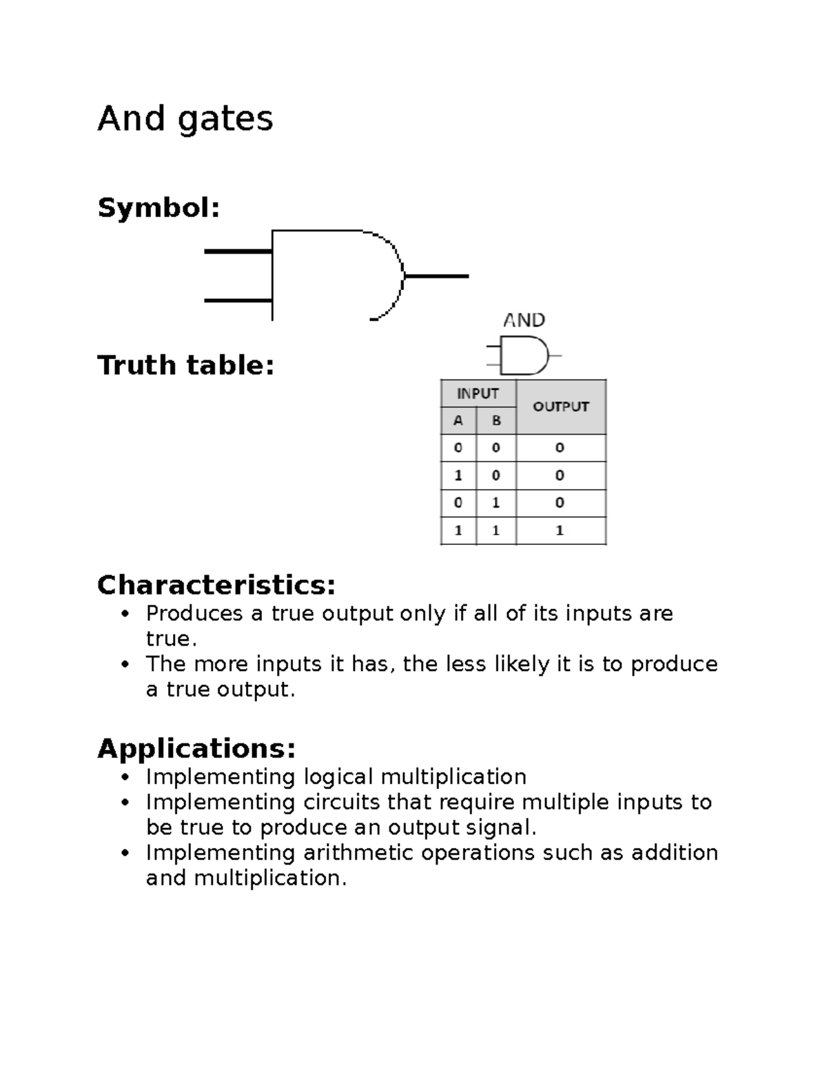 And gates - And gates Symbol: Truth table: Characteristics: Produces a ...