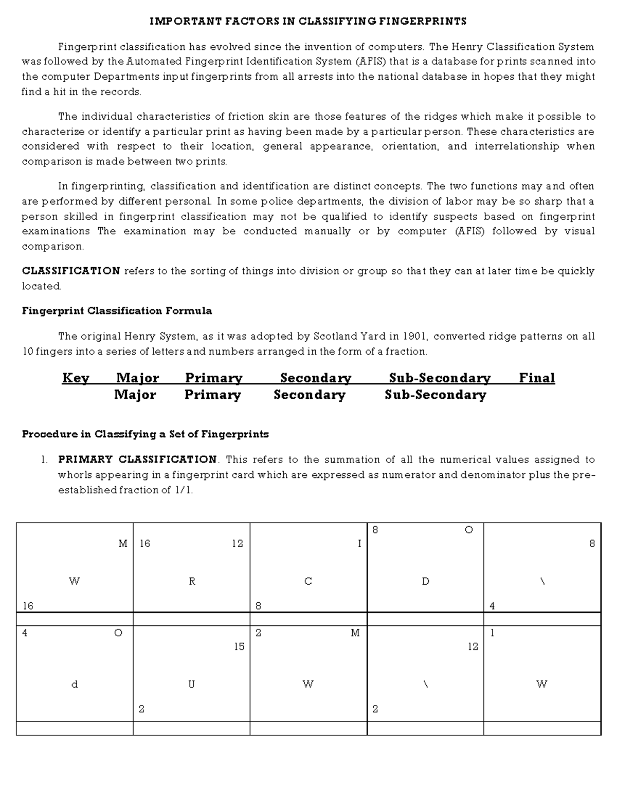 Forensic-1 - study - IMPORTANT FACTORS IN CLASSIFYING FINGERPRINTS ...
