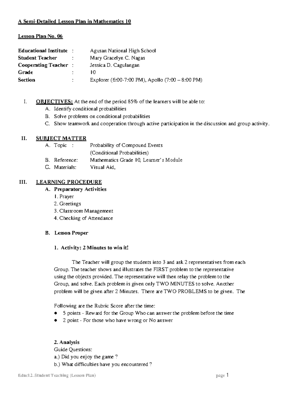 Toaz - Educ12. Student Teaching (Lesson Plan) page 1 A Semi-Detailed ...