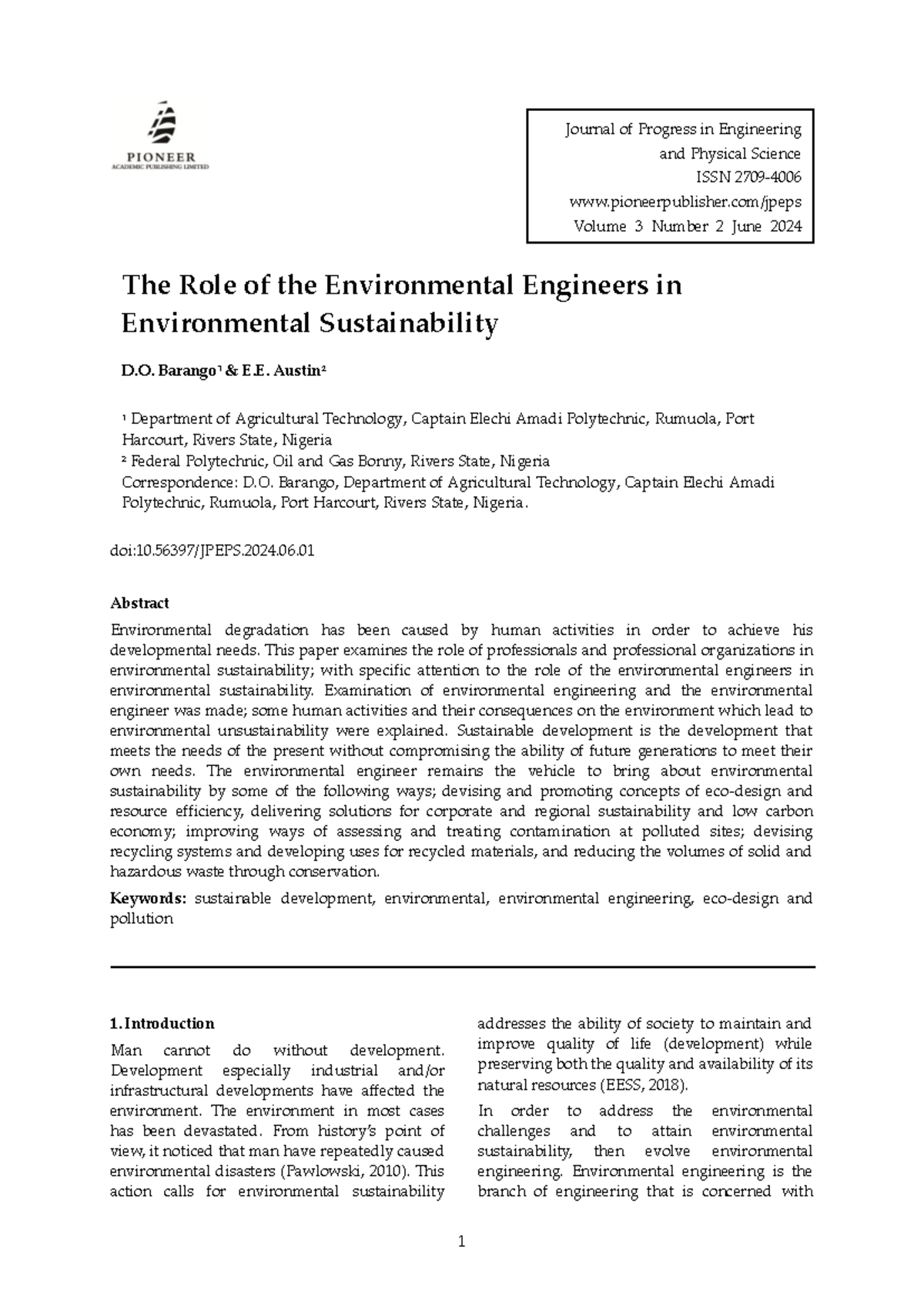 The Role of the Environmental Engineers in Environmental Sustainability ...