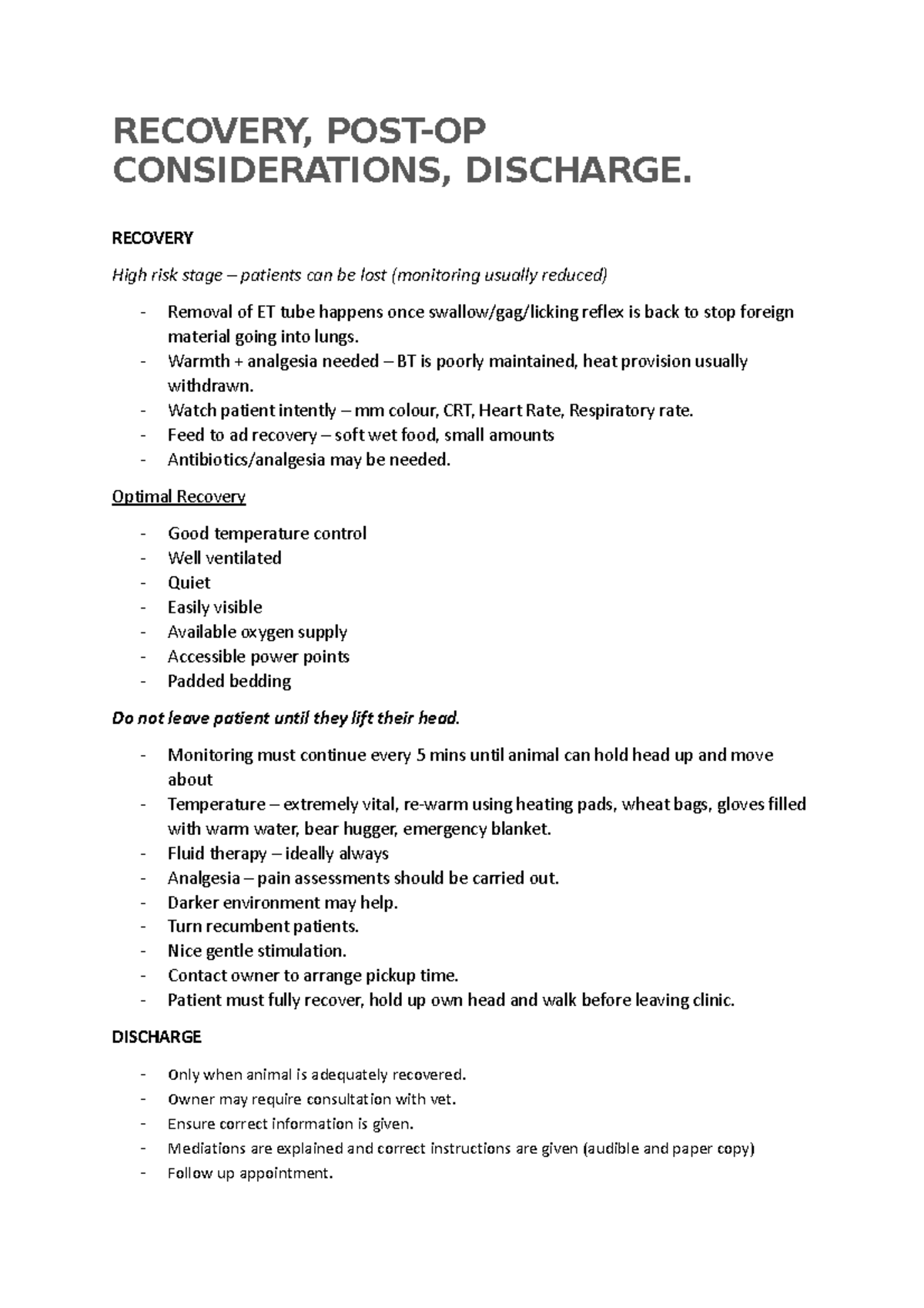 Recovery, post-op considerations, discharge - RECOVERY, POST-OP ...