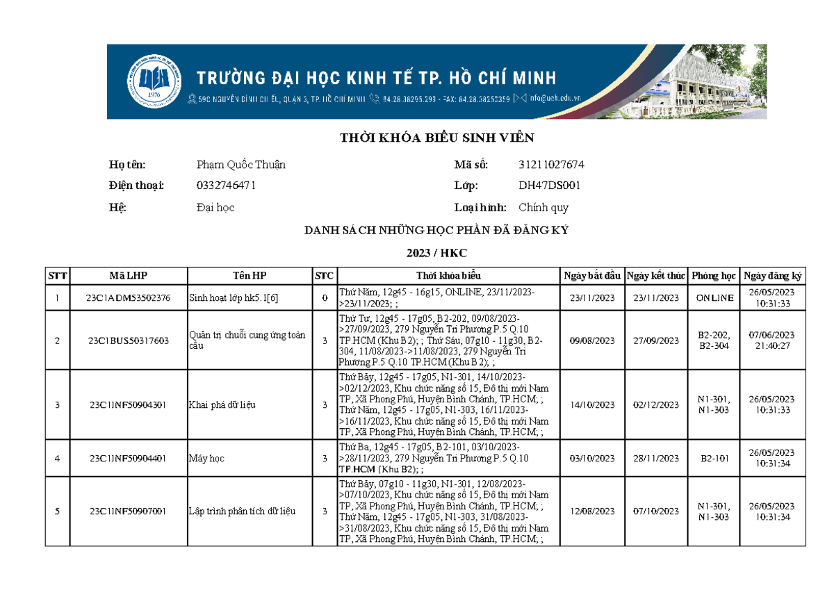 TKB 31211027674 - zzz - 31211027674 Hệ: Lớp: Họ tên: THỜI KHÓA BIỂU ...