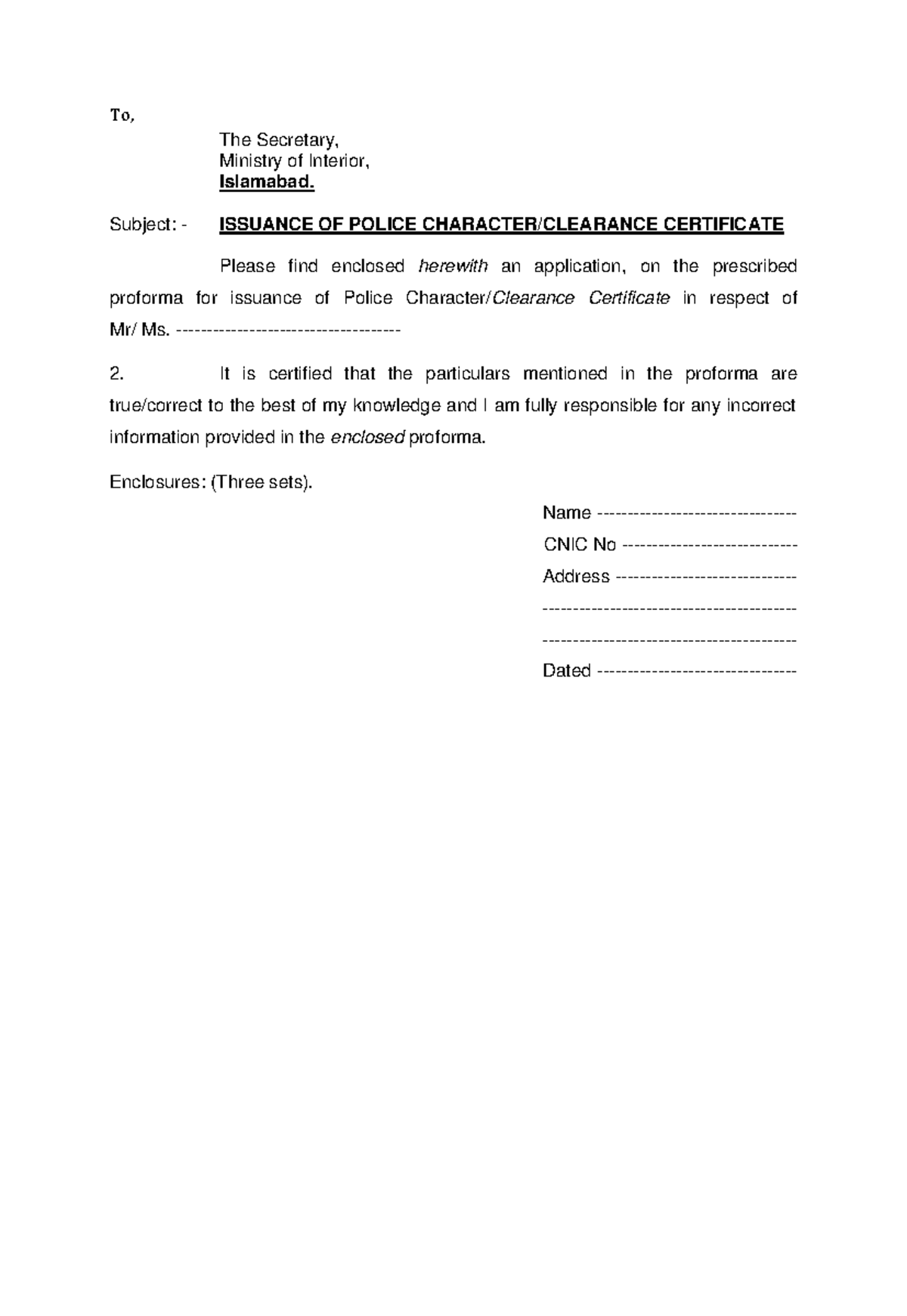 Police Character Certificate Proforma To The Secretary Ministry Of Interior Islamabad