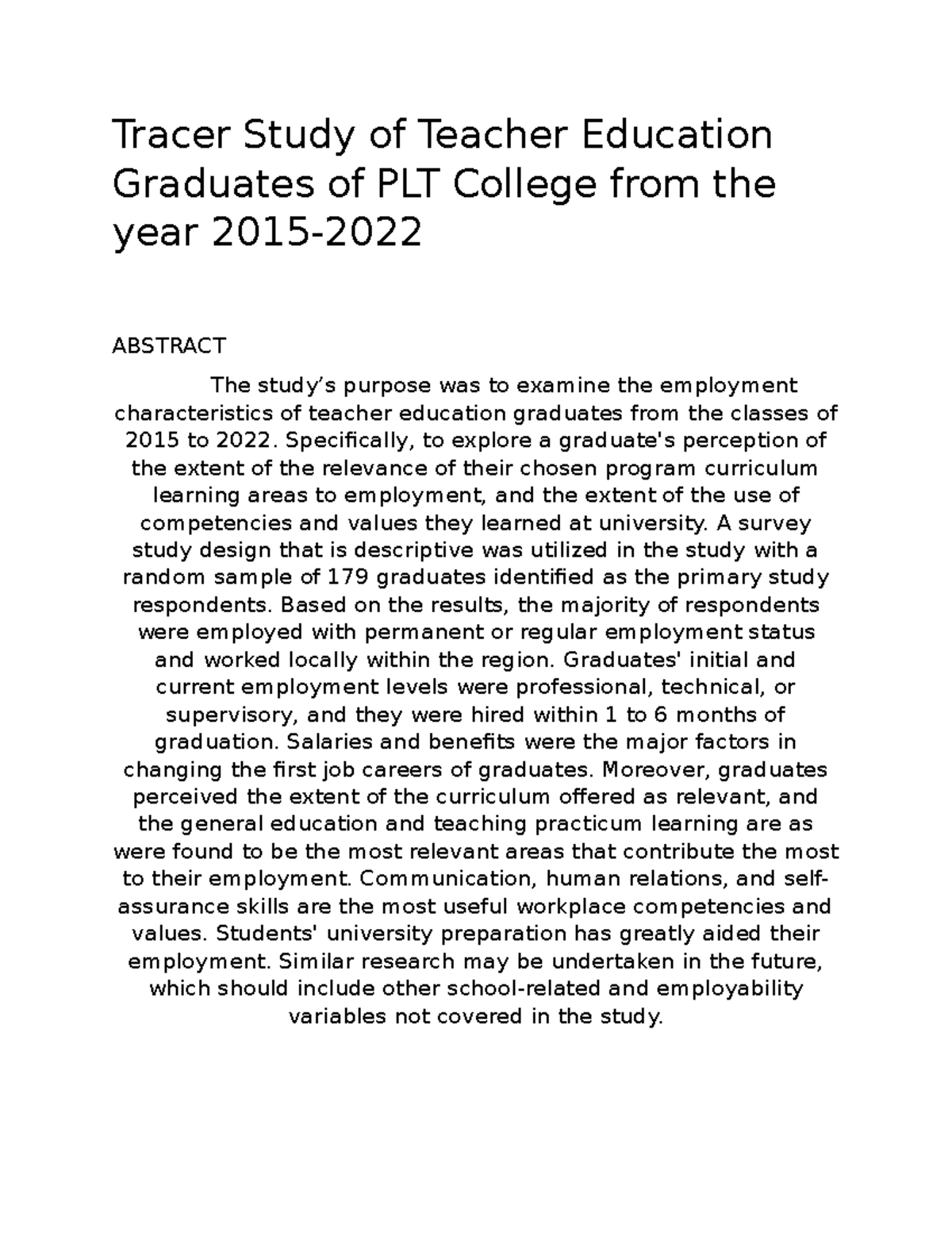 Tracer Study of Teacher Education Graduates of PLT College from the ...