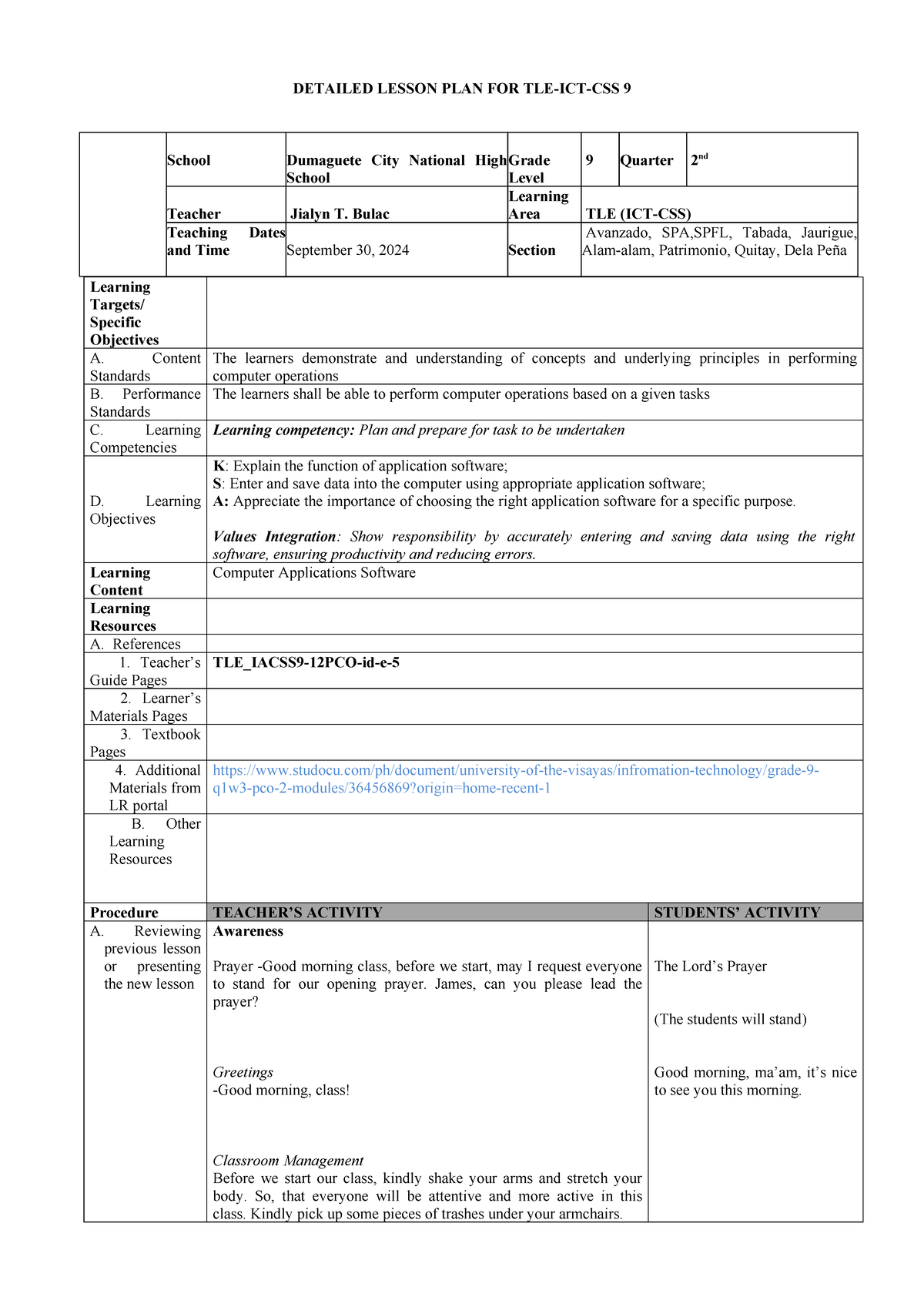 Week 1 Tle Ict Css 9 Q2 Detailed Lesson Plan For Tle Ict Css 9 School Dumaguete City National