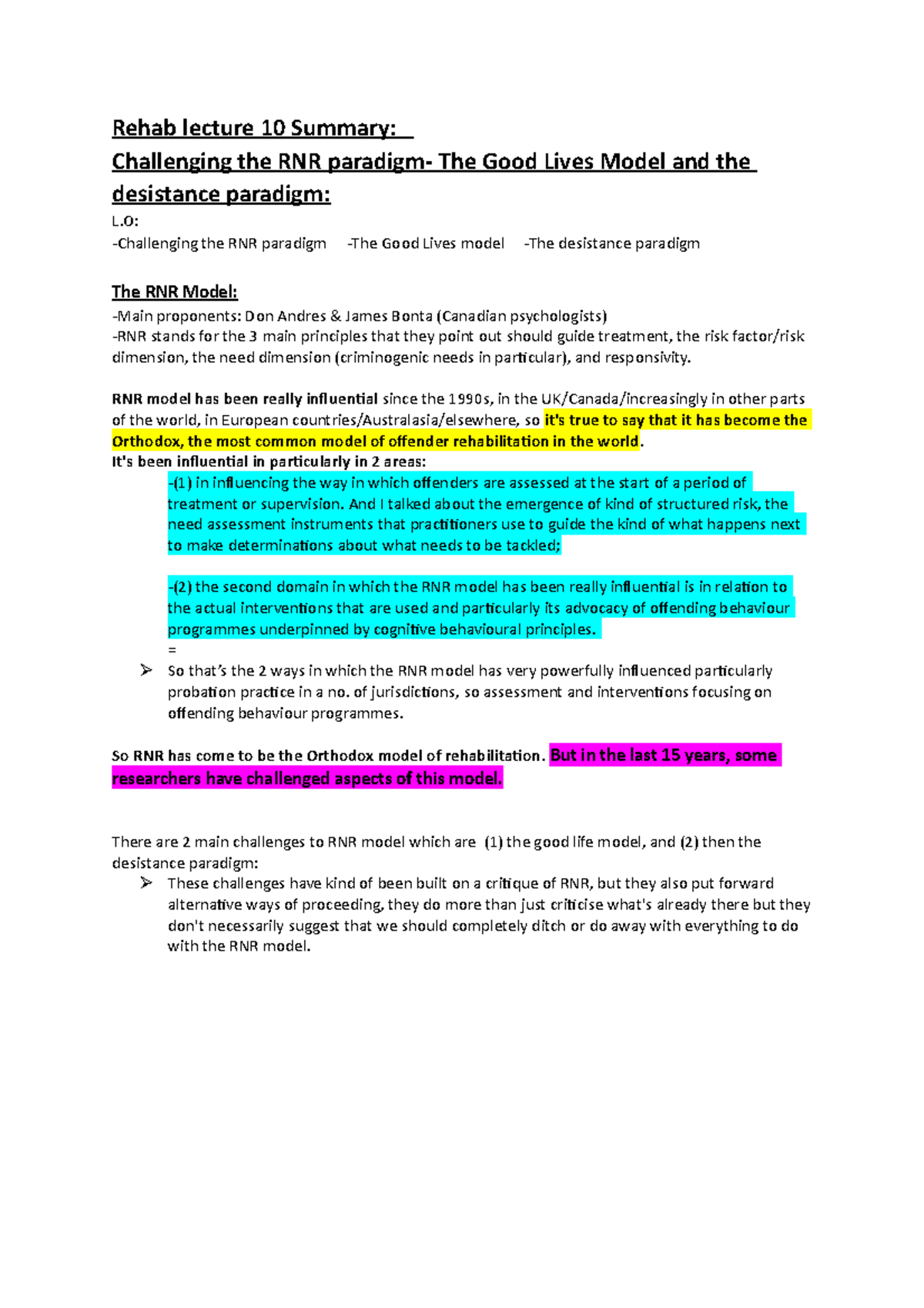 rehabilitation of offenders lecture 10 notes - Rehab lecture 10 Summary ...