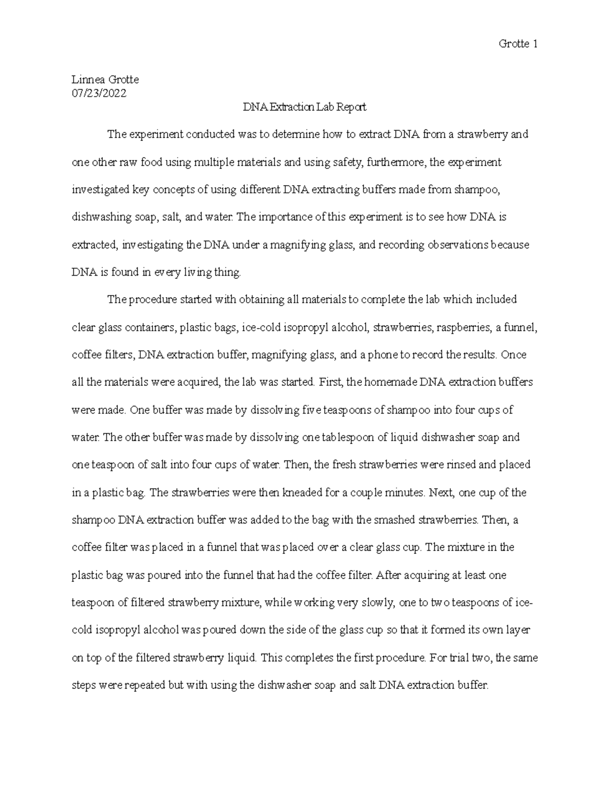 Bio Chem Strawberry DNA Lab Report - Linnea Grotte 07/23/ DNA ...