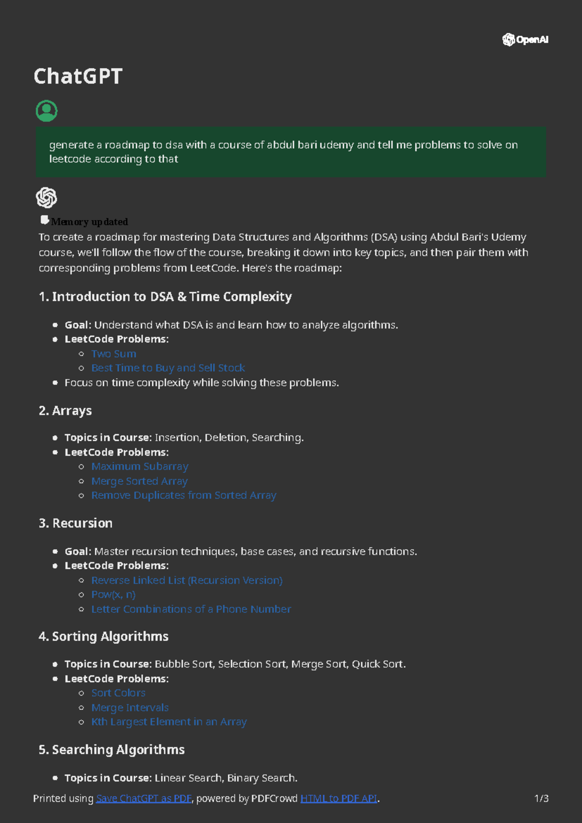 Leetcode with abdul bari - ChatGPT Memory updated To create a roadmap for mastering Data ...