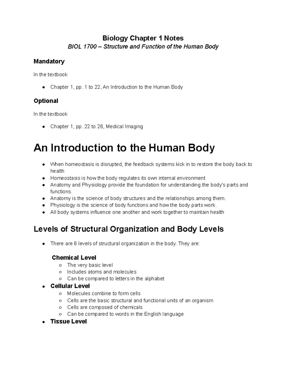 Biology Chapter 1 Notes - Biology Chapter 1 Notes BIOL 1700 – Structure ...