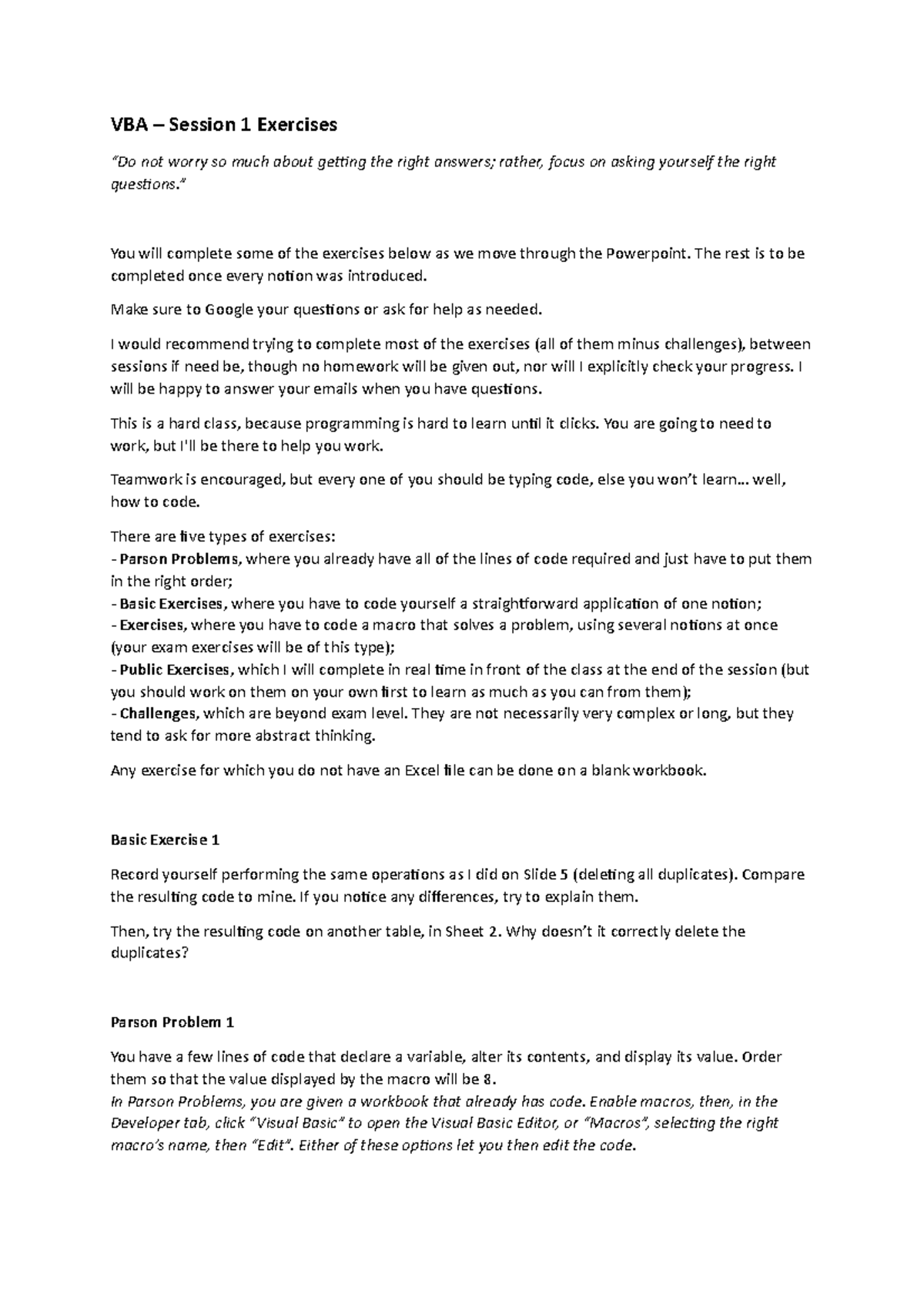 Session 1 Instructions Vba Session 1 Exercises “do Not Worry So Much About Getting The