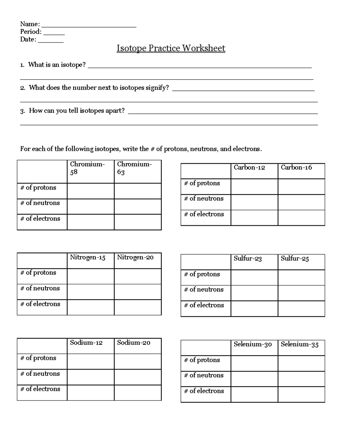 Isotopes Worksheet Review - Name: ______________________ Period ...