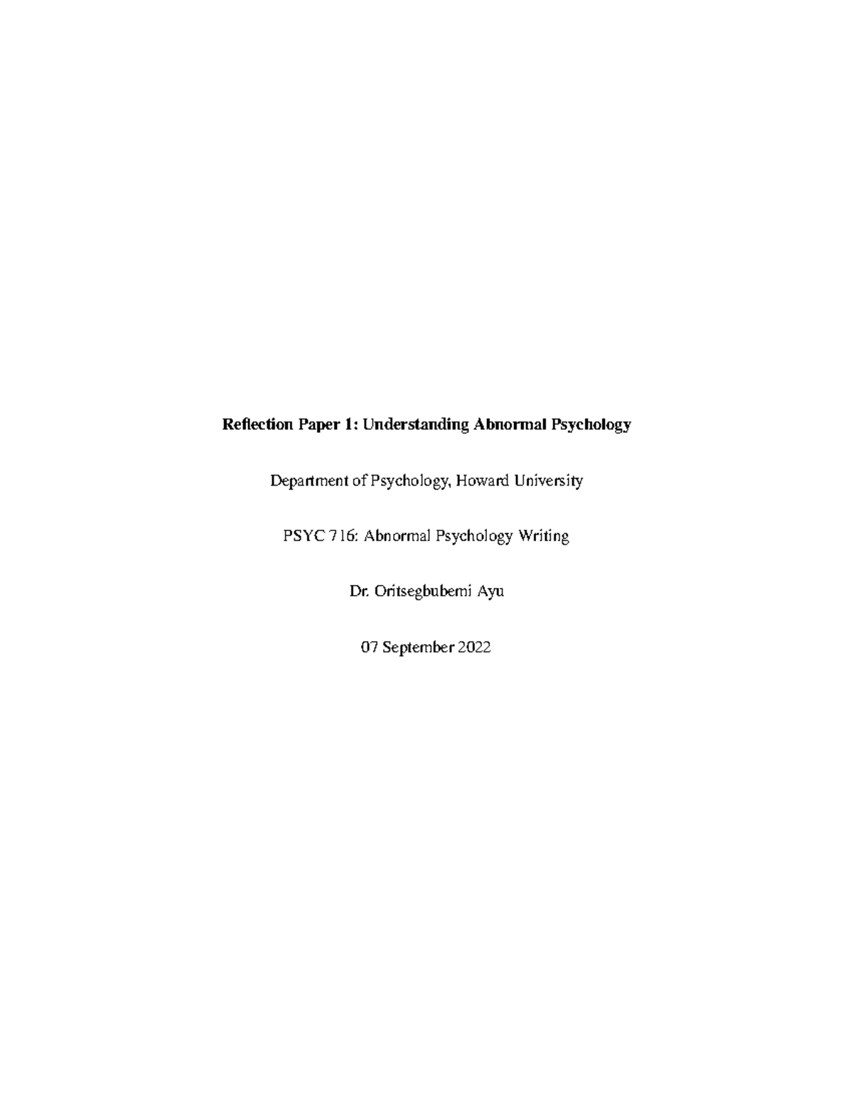 Reflection Paper 1 Understanding Abnormal Psychology - Reflection Paper ...