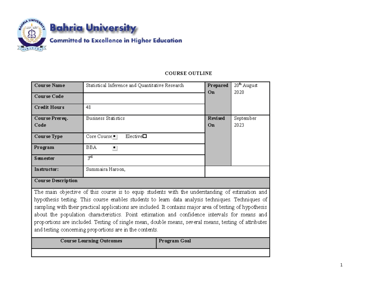 Statistical Inference And Qr 3 19102023 103858 Am Course Outline Course Name Statistical 0617