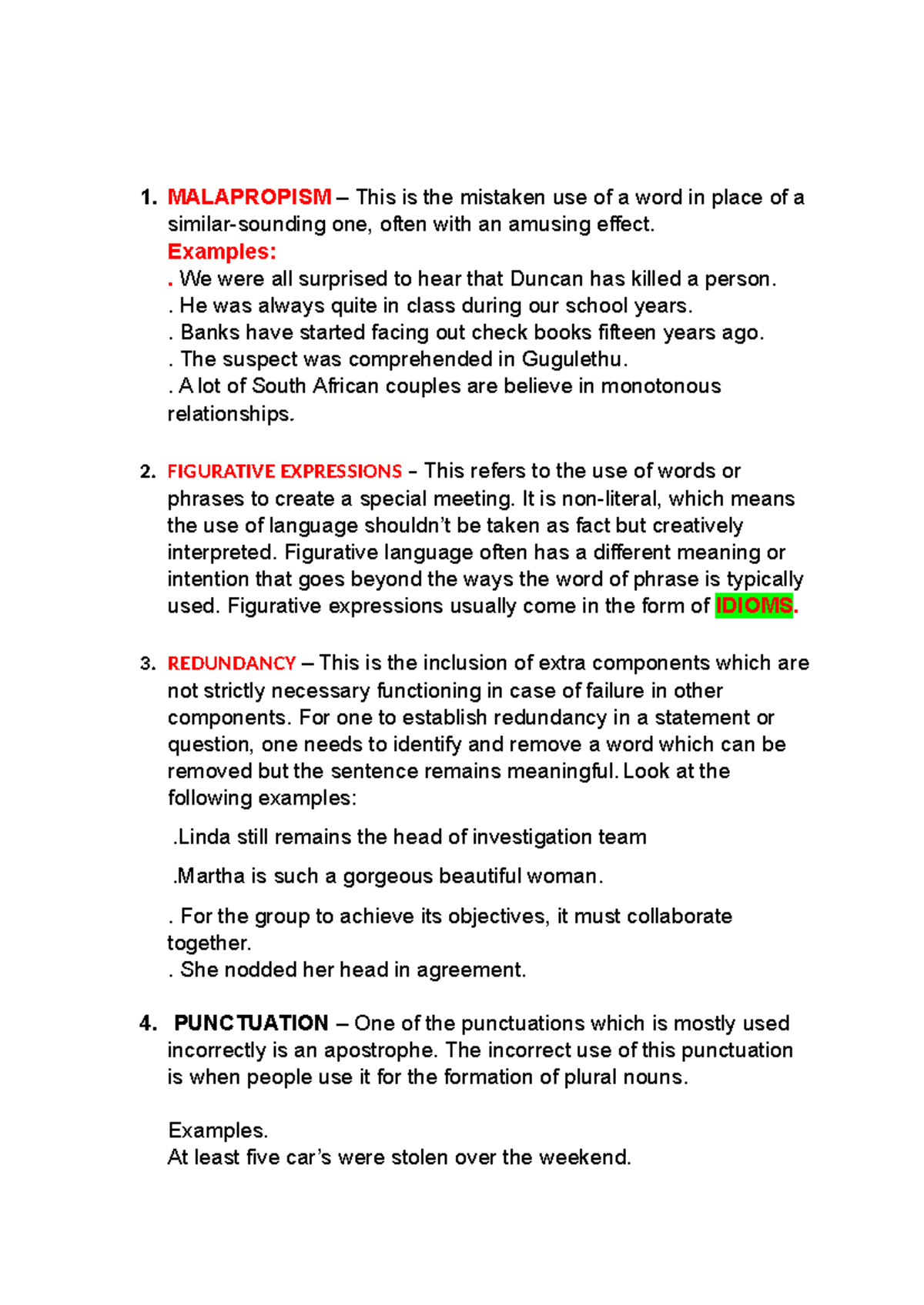 Language IN Context - Class notes - MALAPROPISM – This is the mistaken ...