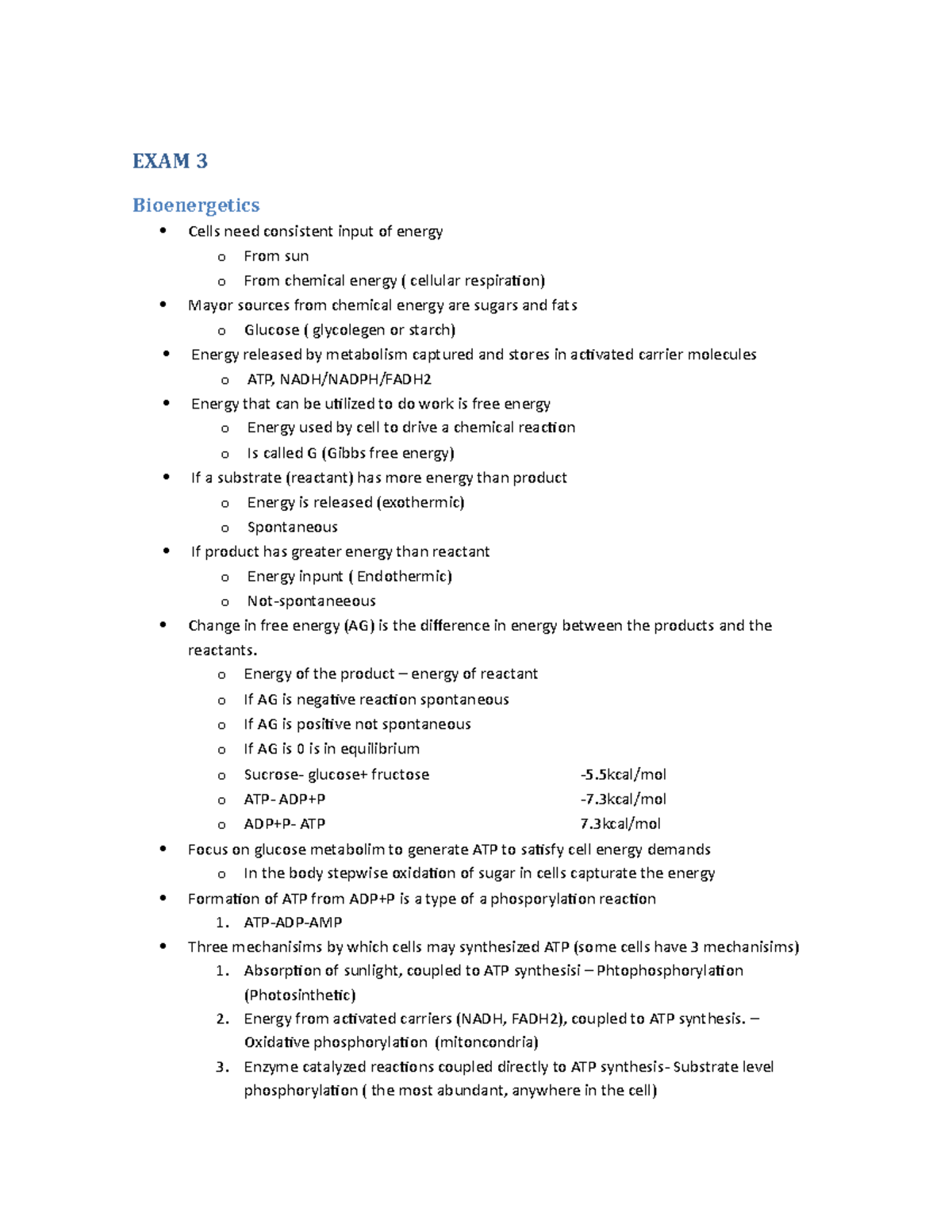 EXAM 3 (Cell biology) - Dr. Campbell - EXAM 3 Bioenergetics Cells need ...