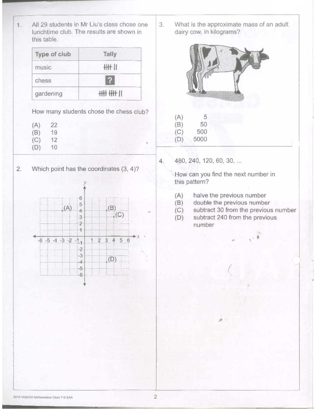 ICAS Mathematics 2015 Year 7/8 - 1. All 29 students in Mr class chose ...