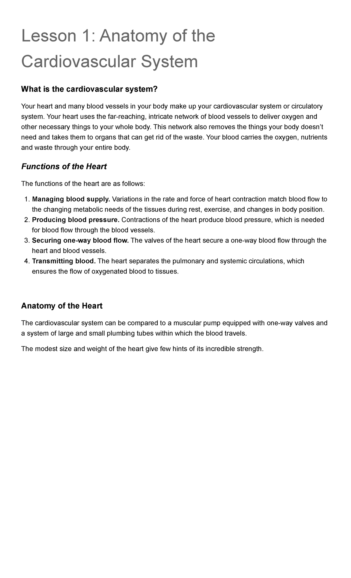 Lesson 1 Anatomy of the Cardiovascular System Anatomy and Physiology of ...
