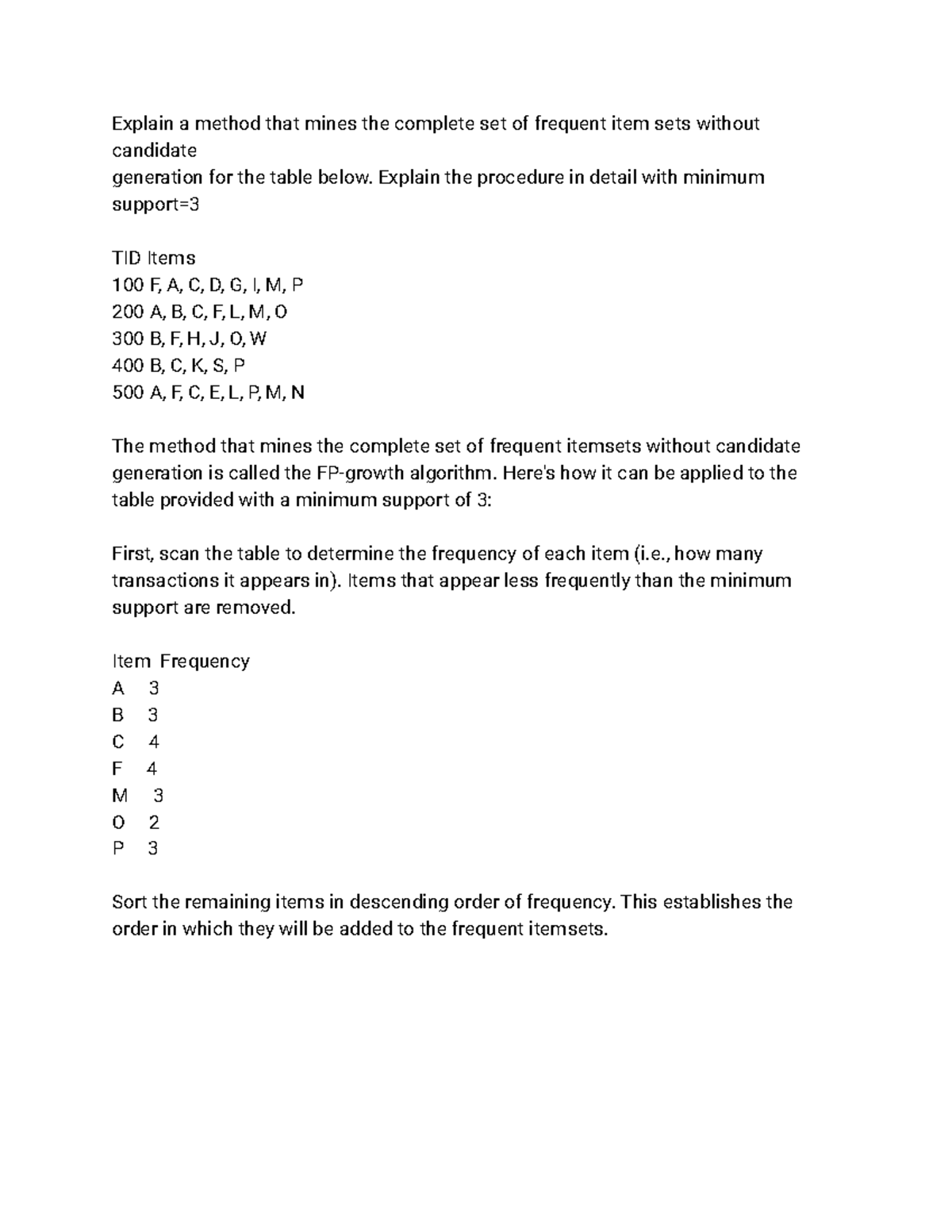 Explain a method that mines the complete set of frequent item sets without candidate generation ...