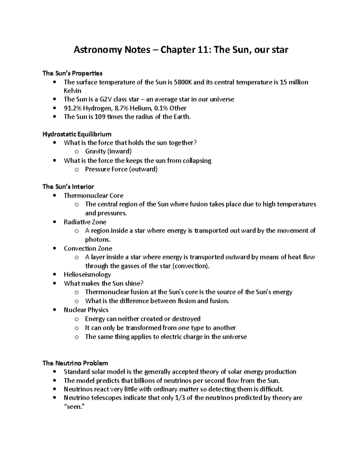 Astronomy Notes Chapter 11 - Astronomy Notes – Chapter 11: The Sun, our ...