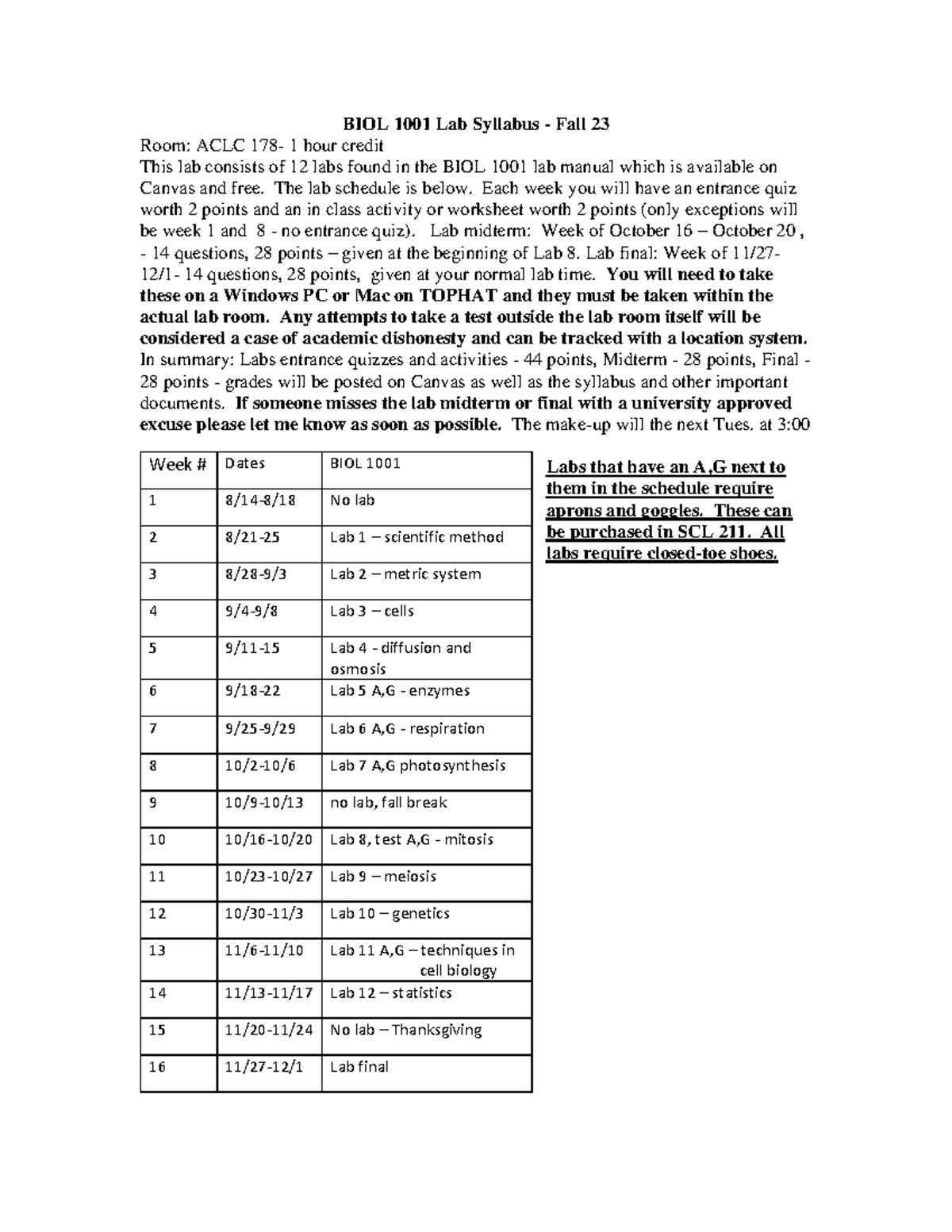 Fall 23 - BIOL 1001 syllabus - BIOL 1001 Lab Syllabus - Fall 23 Room ...