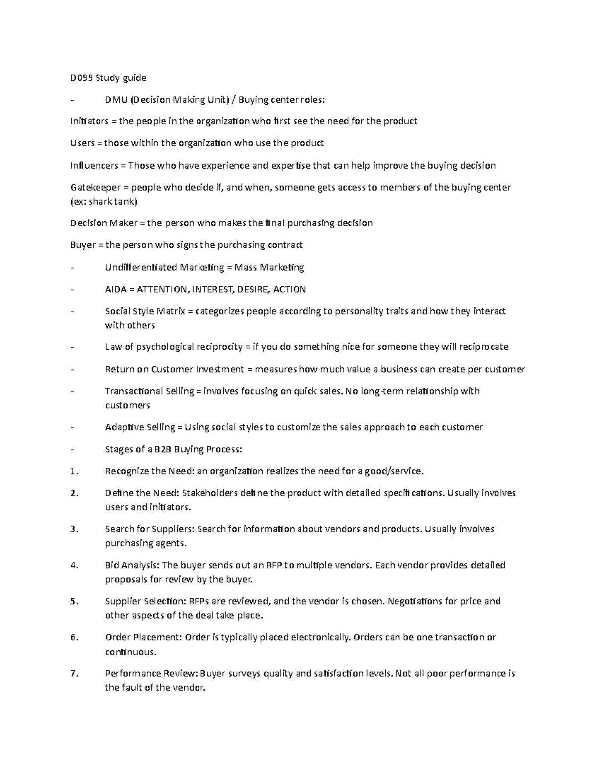 D099 Study guid1 - D099 Study guide DMU (Decision Making Unit) / Buying ...