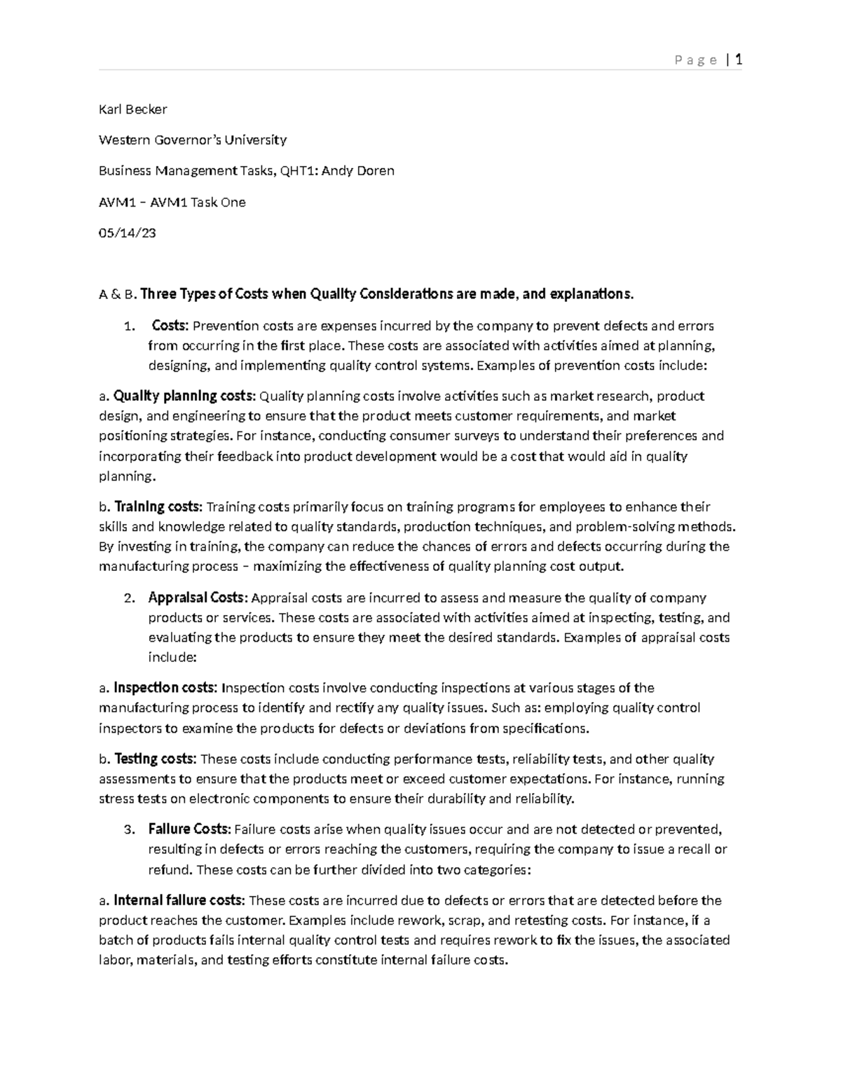 Business Management Tasks 1 - P a g e | 1 Karl Becker Western Governor ...