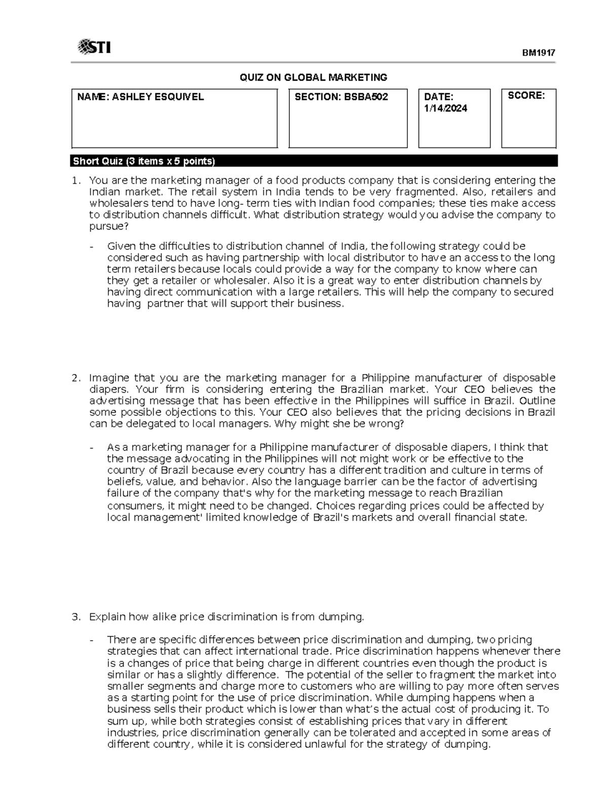 13 Quiz 1 IBT - essay type - BM QUIZ ON GLOBAL MARKETING NAME: ASHLEY ...