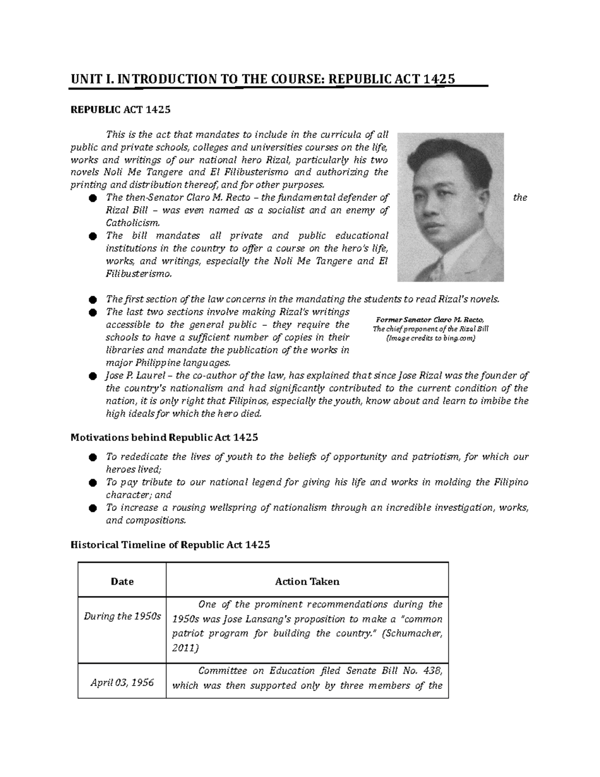 Law - reviewer - UNIT I. INTRODUCTION TO THE COURSE: REPUBLIC ACT 1425 ...