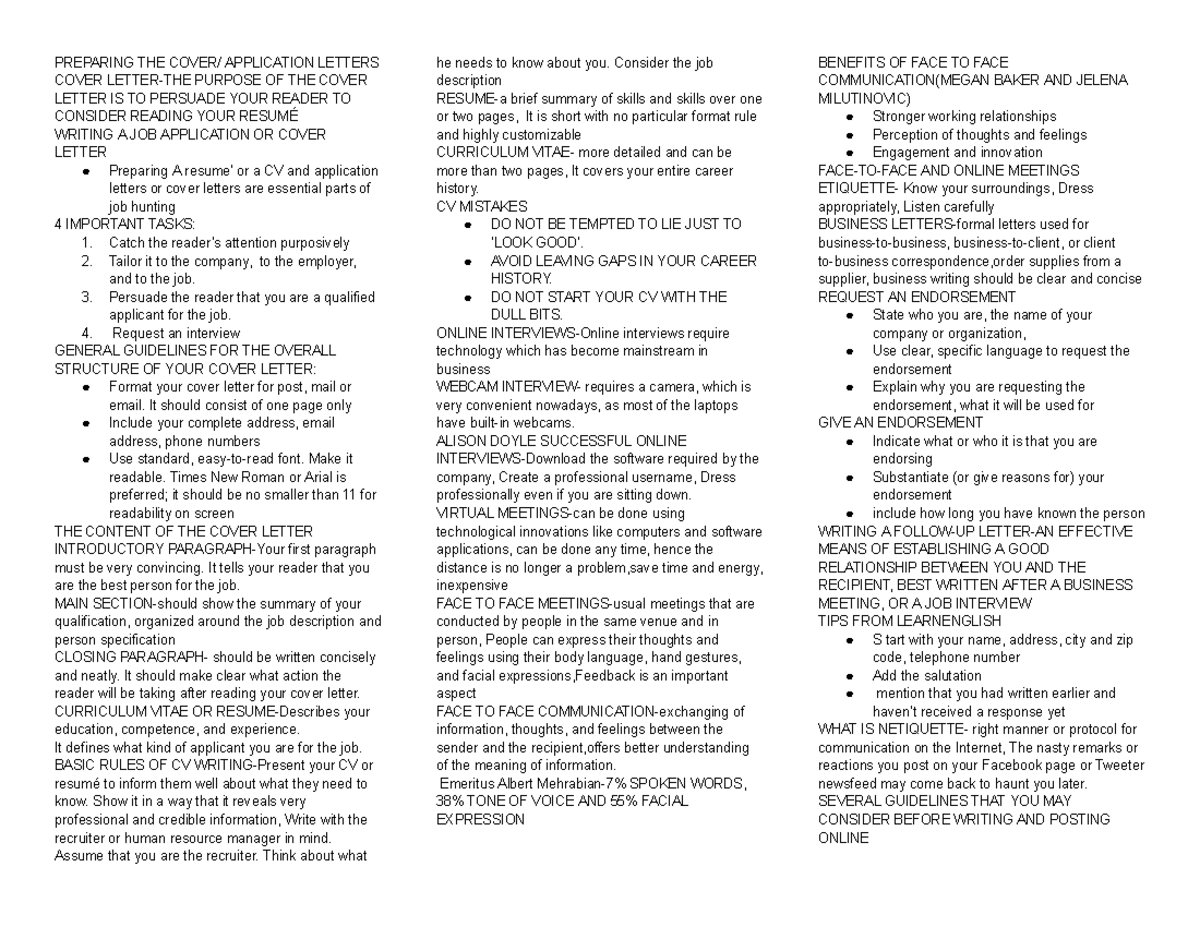 Purcom long quiz - PREPARING THE COVER/ APPLICATION LETTERS COVER LETTER-THE PURPOSE OF THE ...