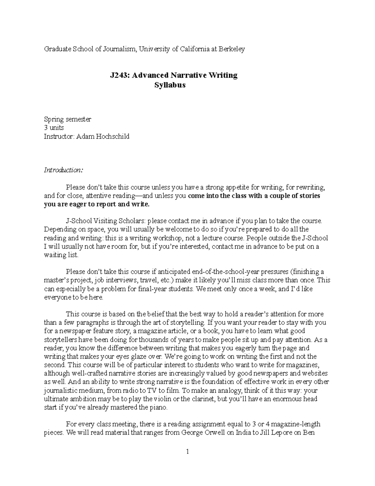 J243 Advanced Narrative Writing syllabus - Graduate School of ...