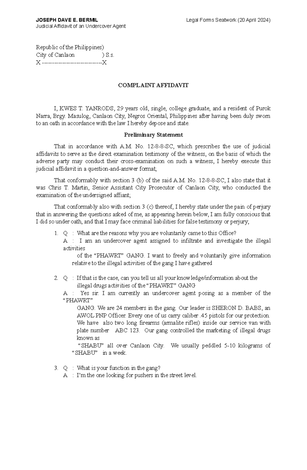 Bermil Legal-Forms-Seatwork 20 April 2024 - Judicial Affidavit of an ...