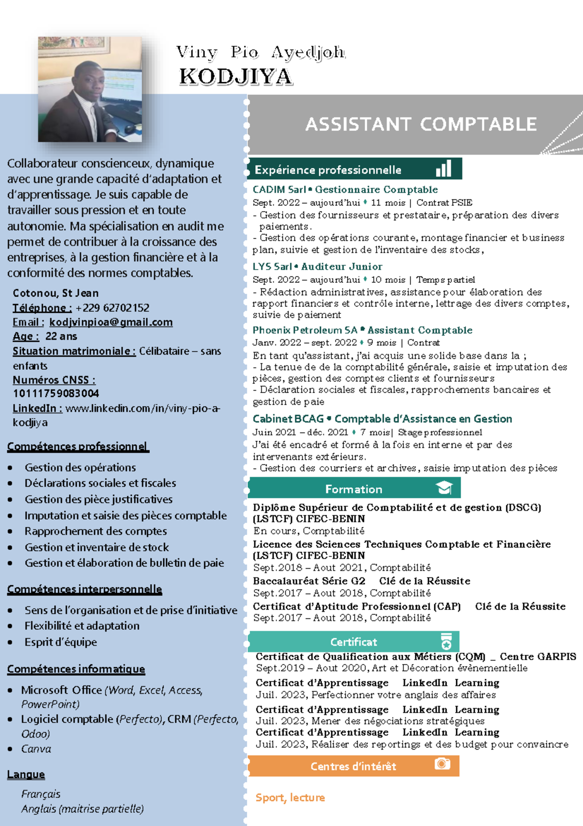 CV assistant comptable - DiplÙme SupÈrieur de ComptabilitÈ et de ...